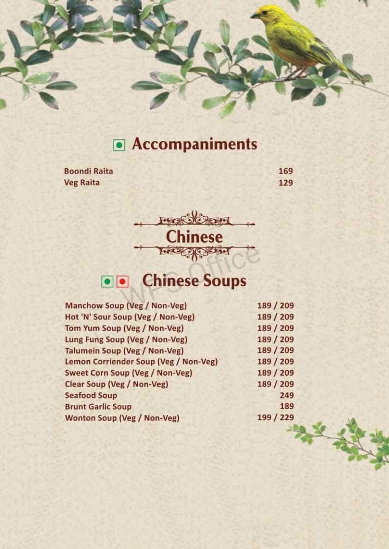 Menu at Bird Valley, Pune