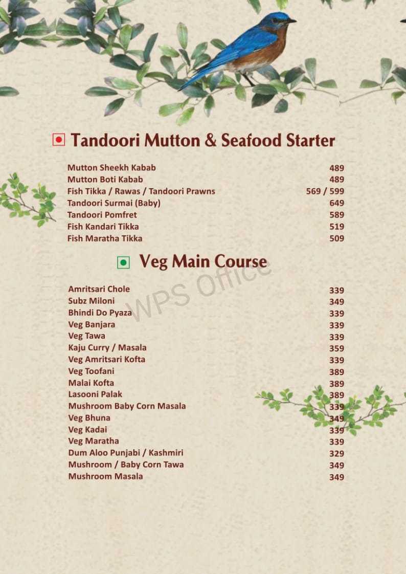Menu at Bird Valley, Pune