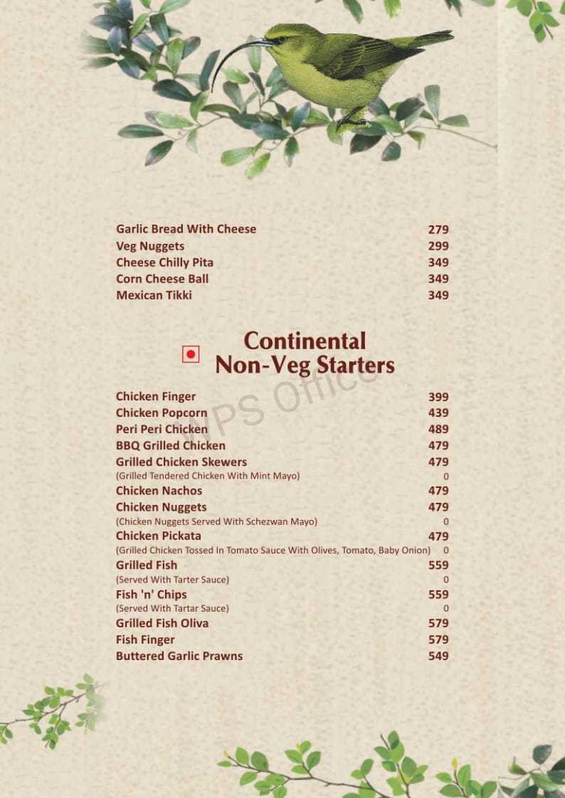 Menu at Bird Valley, Pune