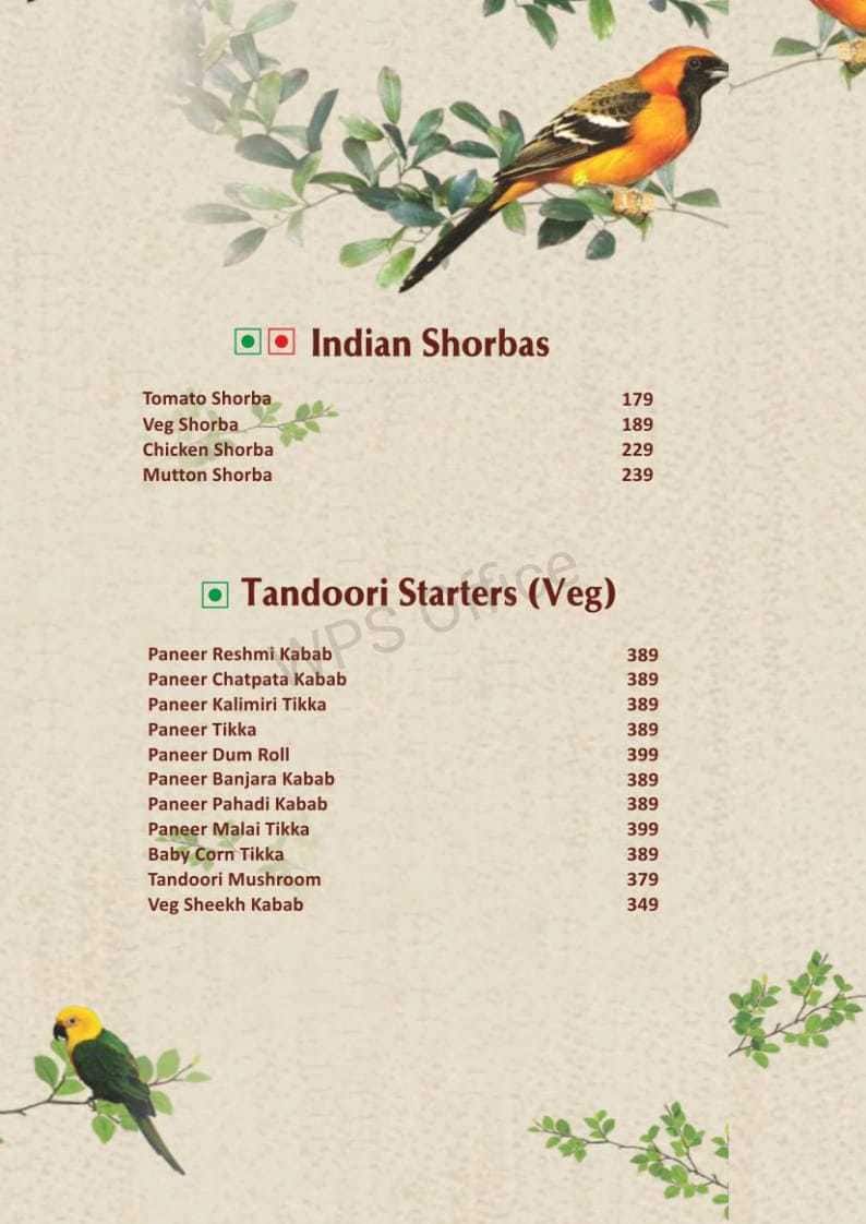 Menu at Bird Valley, Pune