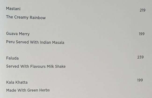 Menu at Bird Valley, Pune