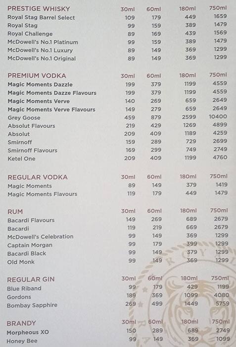 Menu at Bird Valley, Pune