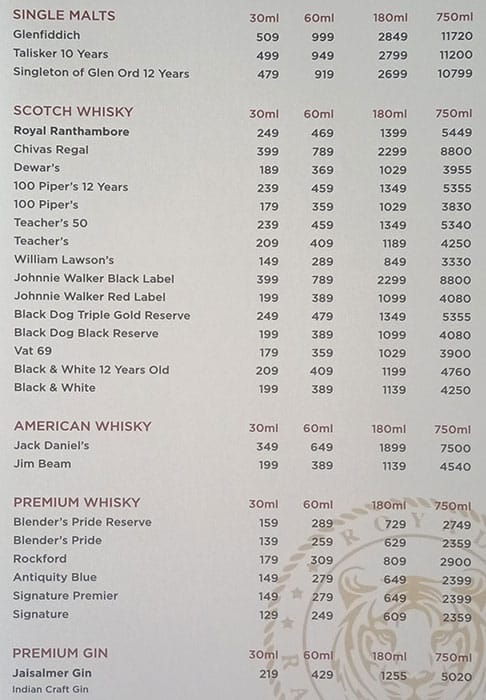 Menu at Bird Valley, Pune