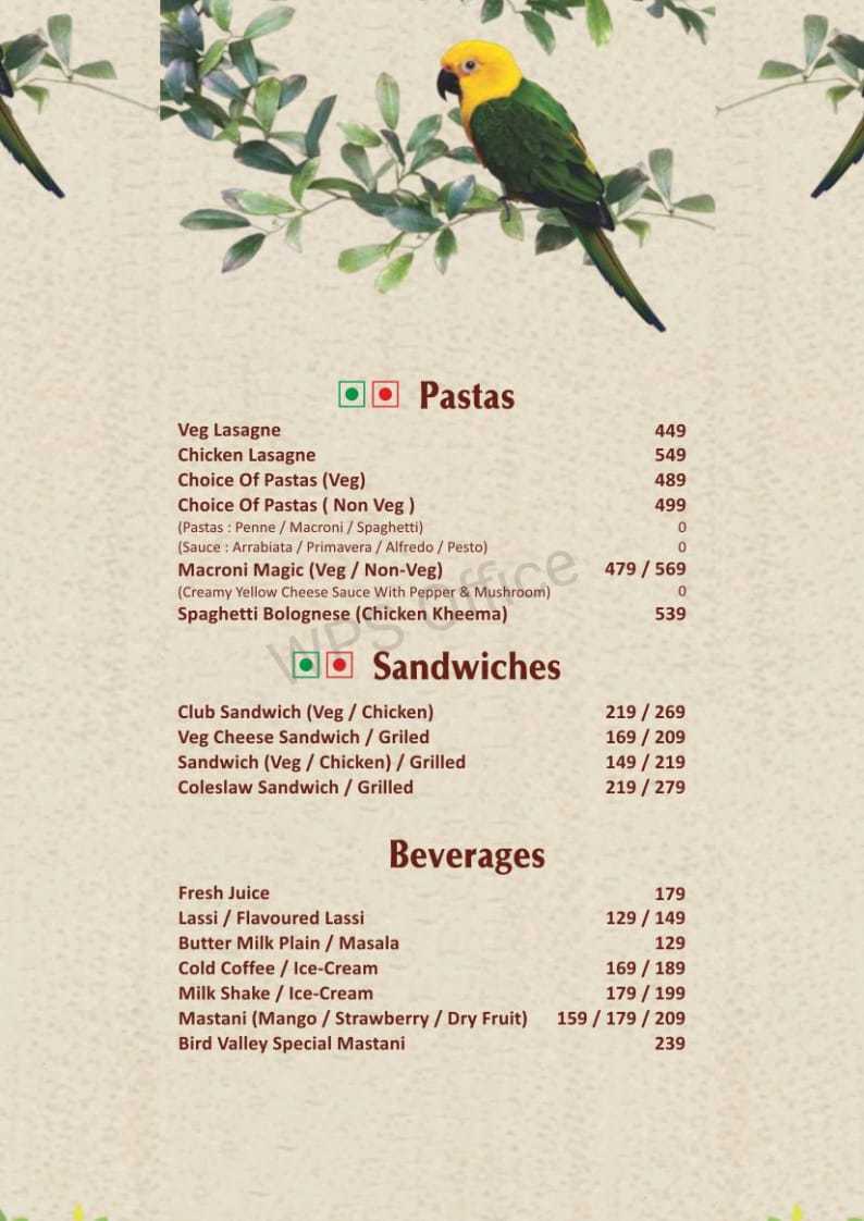 Menu at Bird Valley, Pune