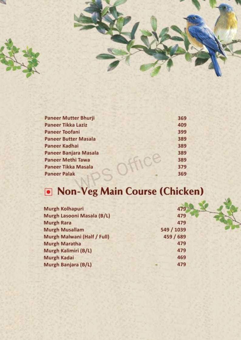 Menu at Bird Valley, Pune
