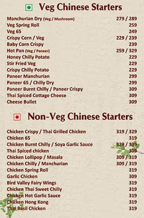 Menu at Bird Valley, Pune