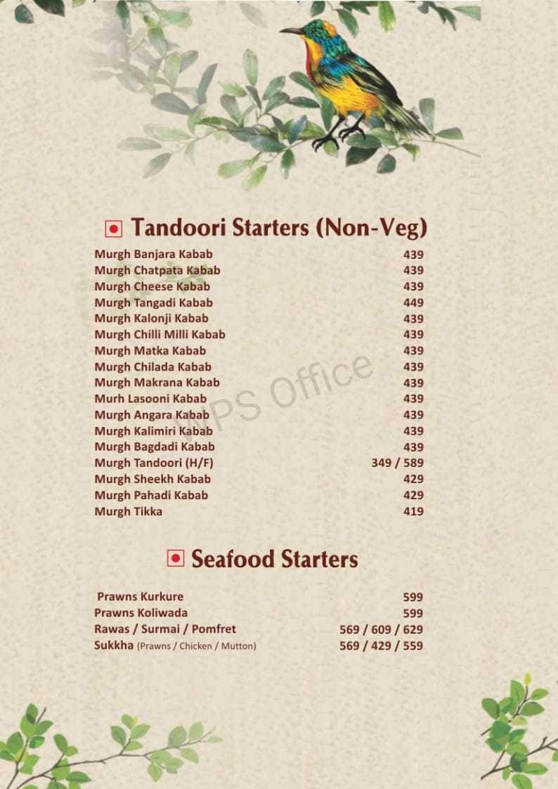 Menu at Bird Valley, Pune