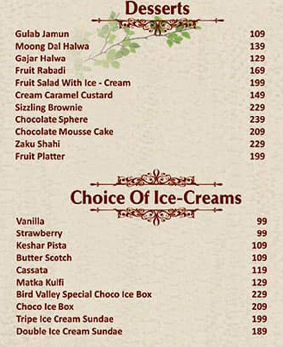 Menu at Bird Valley, Pune