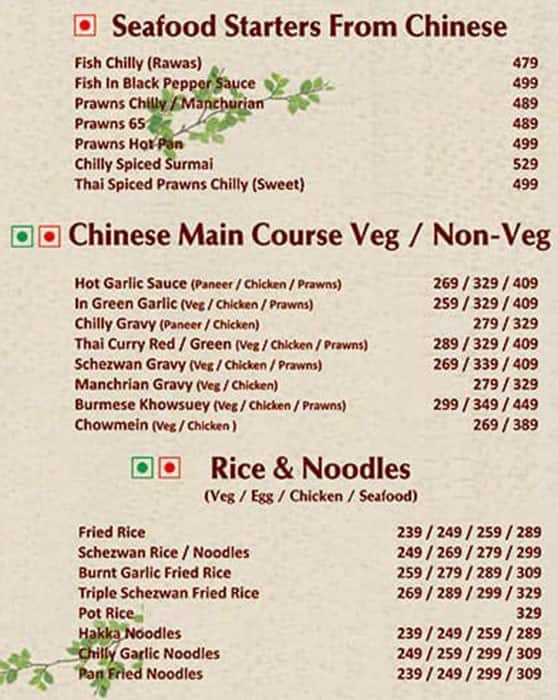 Menu at Bird Valley, Pune