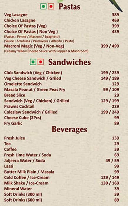 Menu at Bird Valley, Pune