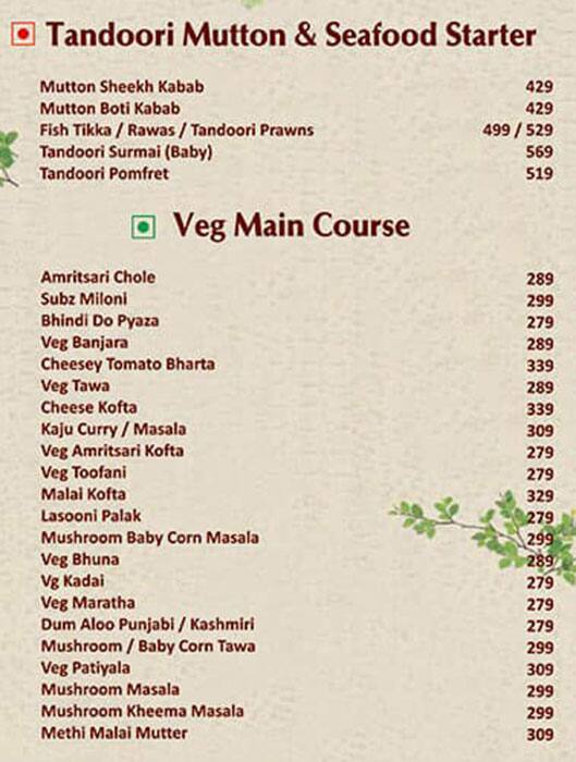Menu at Bird Valley, Pune