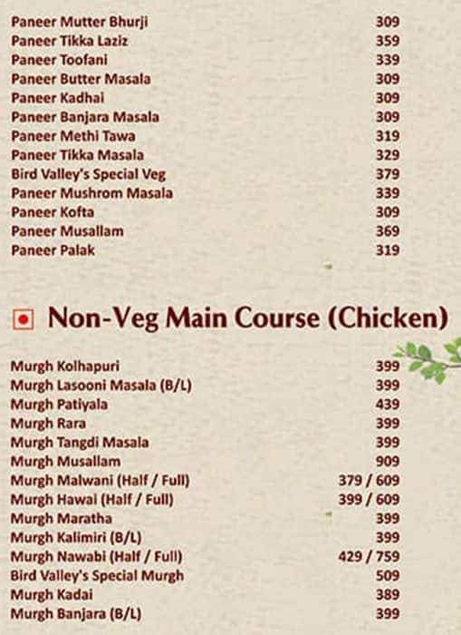 Menu at Bird Valley, Pune