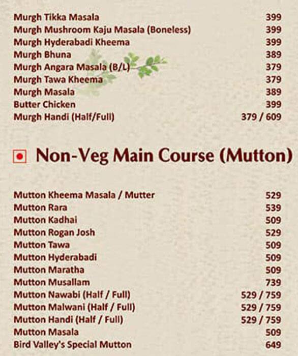 Menu at Bird Valley, Pune