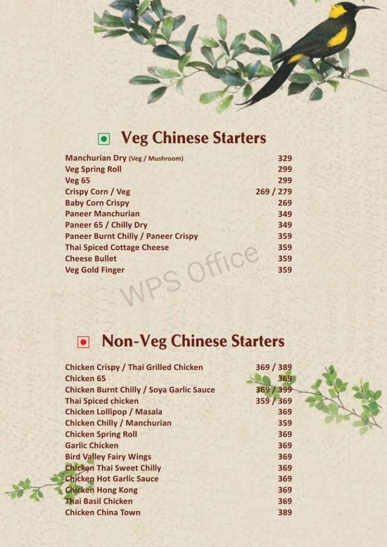 Menu at Bird Valley, Pune