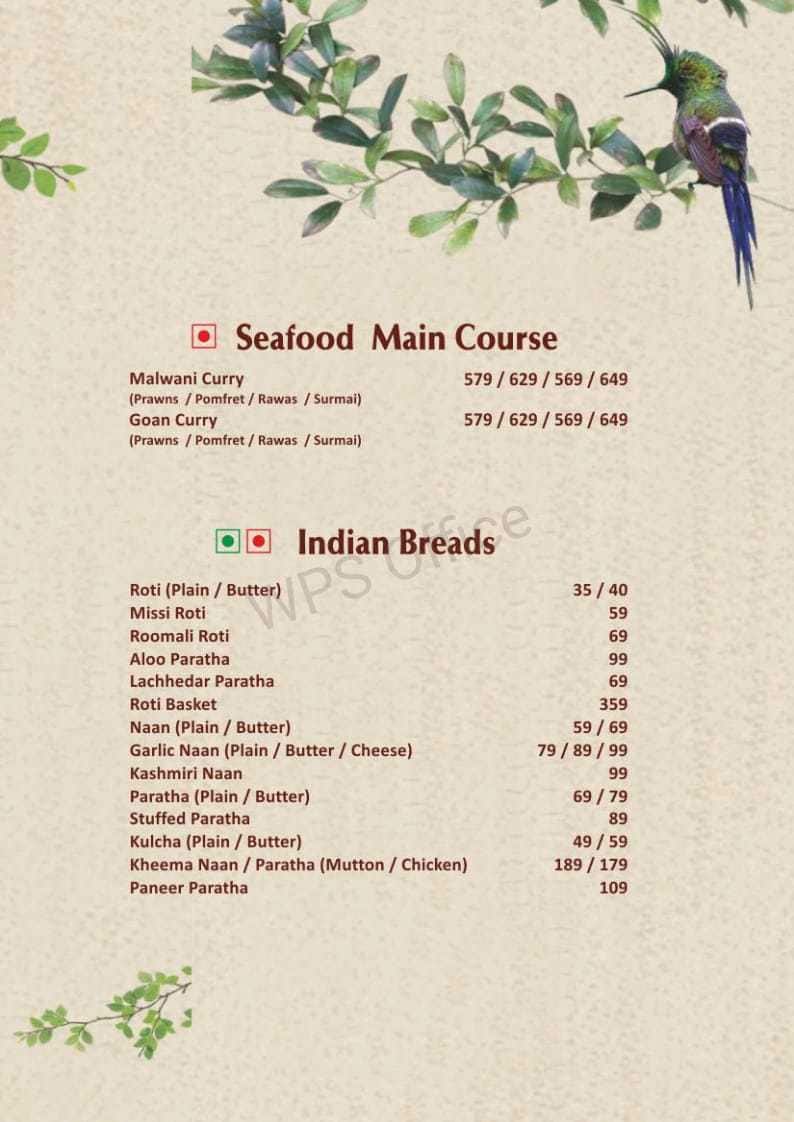Menu at Bird Valley, Pune