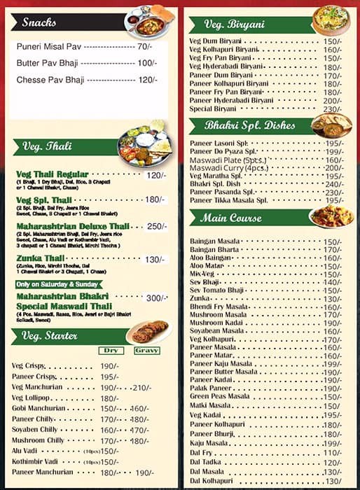 Menu of Maharashtrian Bhakri, Nerul, Navi Mumbai