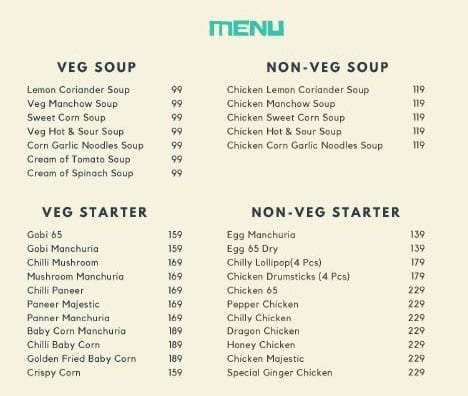 Menu of Platform 9 3/4, Somajiguda, Hyderabad