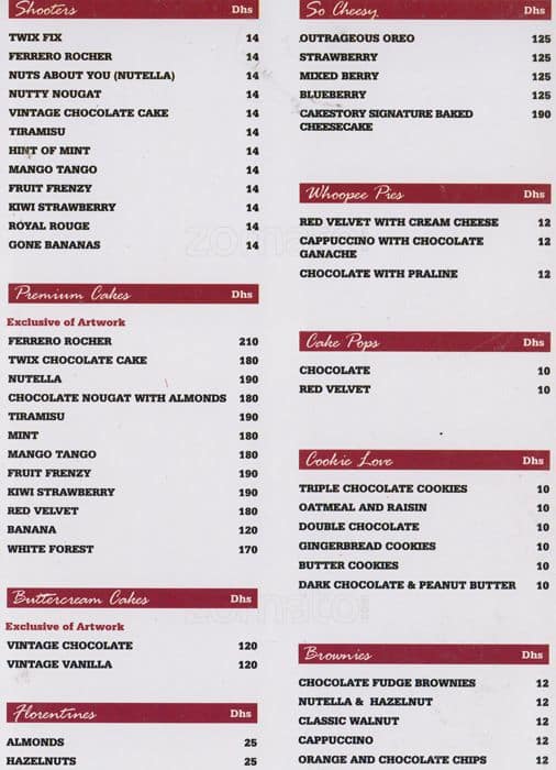 Menu at Cake Story desserts, Dubai