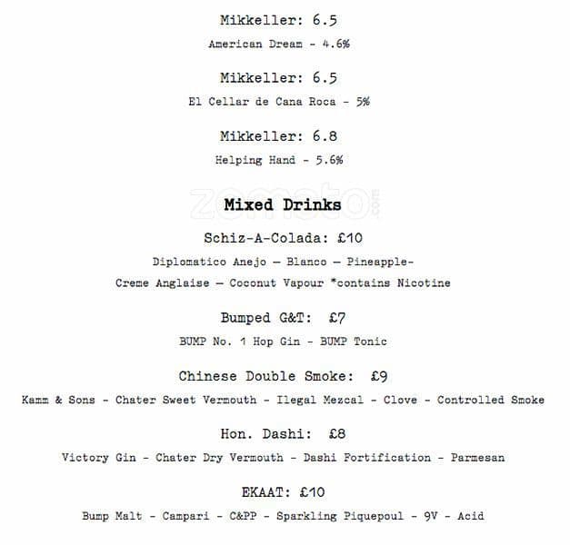 Menu at Bump Caves pub & bar, London