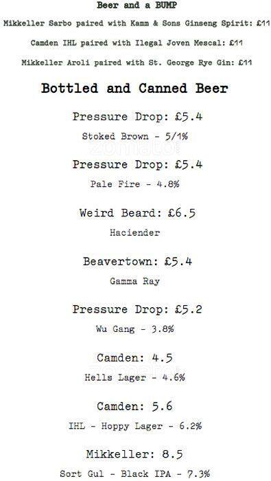 Menu at Bump Caves pub & bar, London