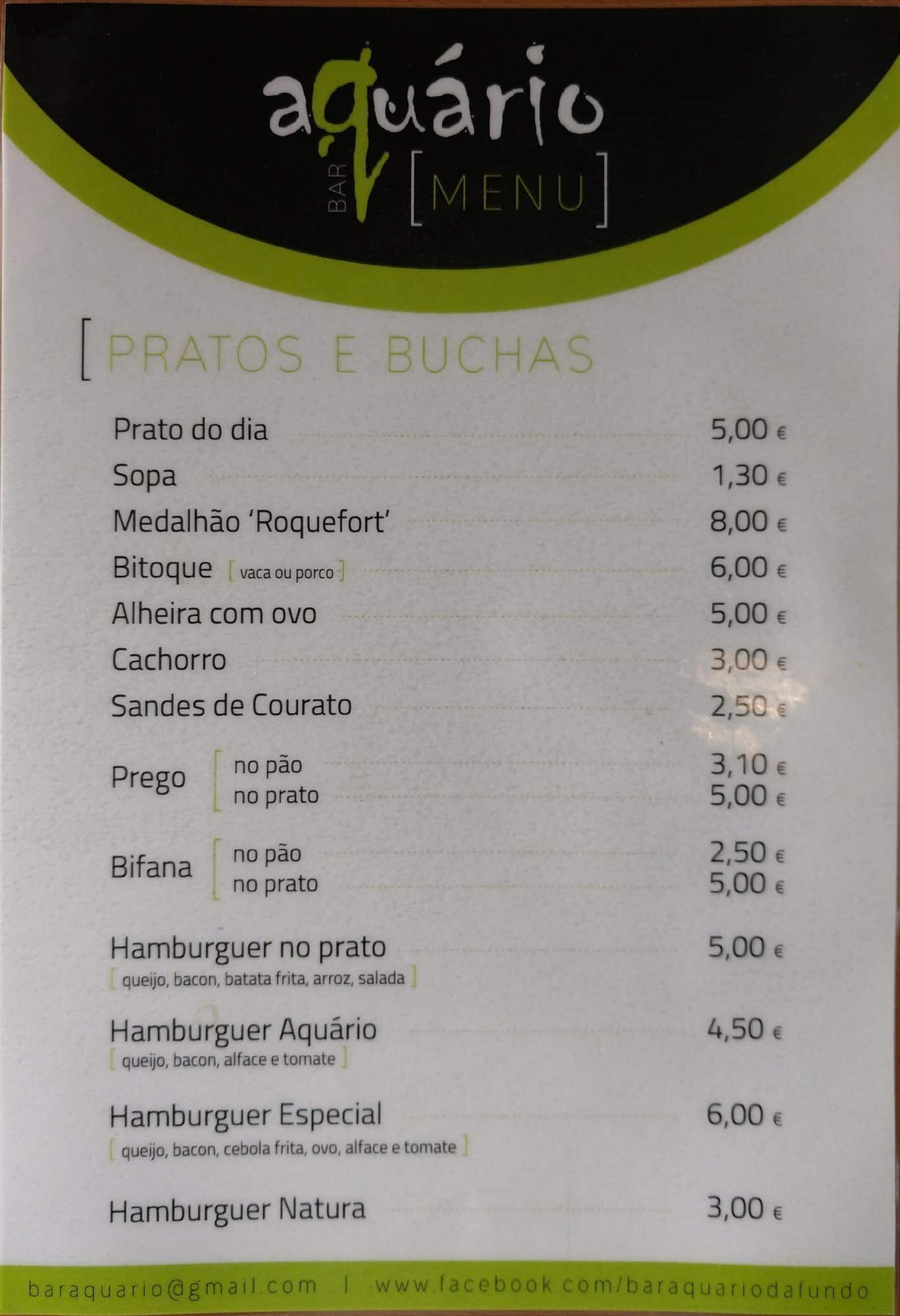 Menu at Aquário restaurant, Lisbon, R. Direita do Dafundo 14