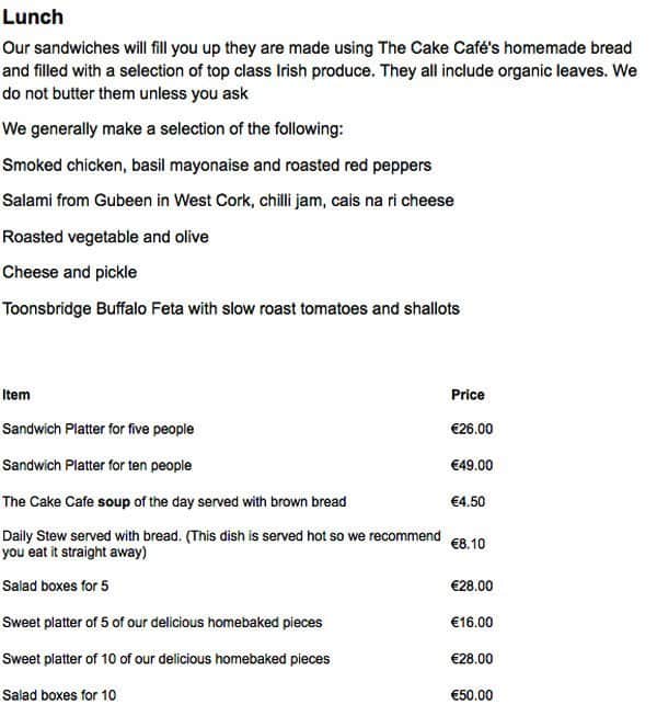 Menu at The Cake Cafe, Dublin, The Daintree Building