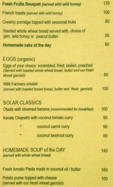 Menu at Solar Café, Kochi, X792+FGH