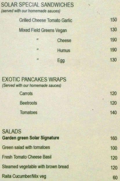 Menu at Solar Café, Kochi, X792+FGH
