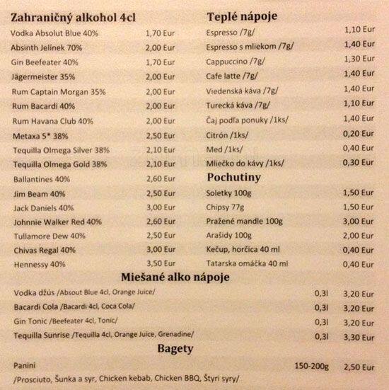 Menu at Che Guevara Pub, Bratislava