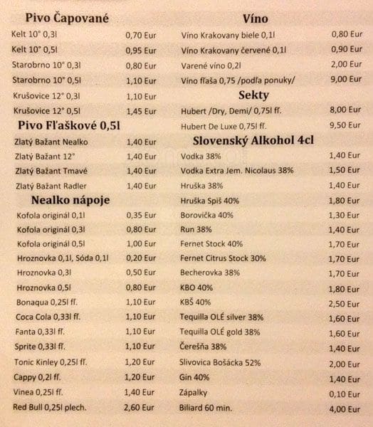 Menu at Che Guevara Pub, Bratislava