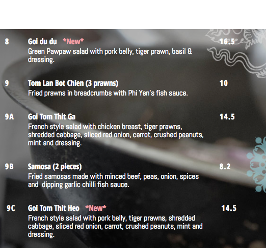 Menu at Phi Yen restaurant, Perth, 205 Brisbane St