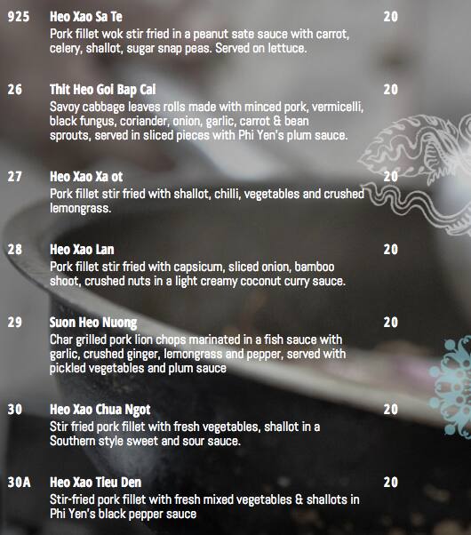 Menu at Phi Yen restaurant, Perth, 205 Brisbane St