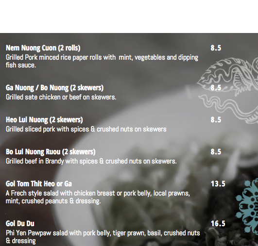 Menu at Phi Yen restaurant, Perth, 205 Brisbane St