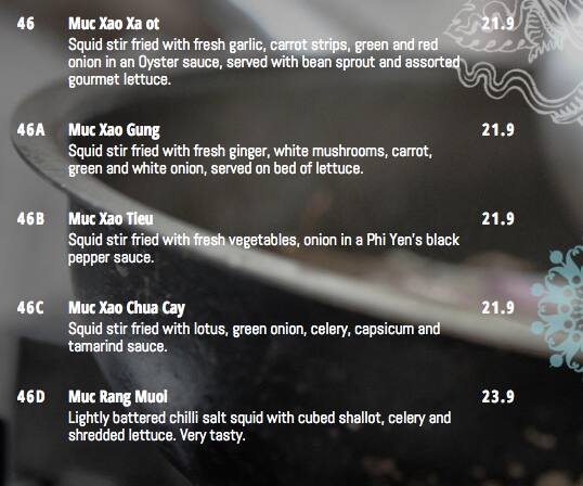 Menu at Phi Yen restaurant, Perth, 205 Brisbane St