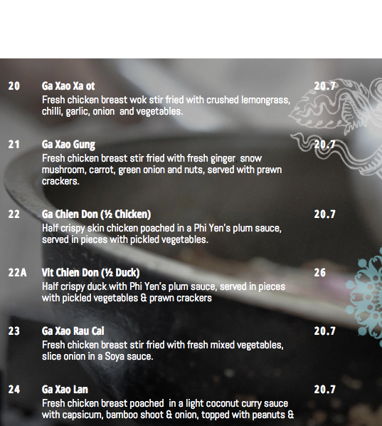 Menu at Phi Yen Vietnamese Restaurant, Perth, 205 Brisbane St