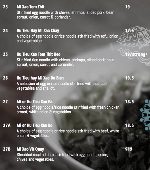 Menu at Phi Yen restaurant, Perth, 205 Brisbane St