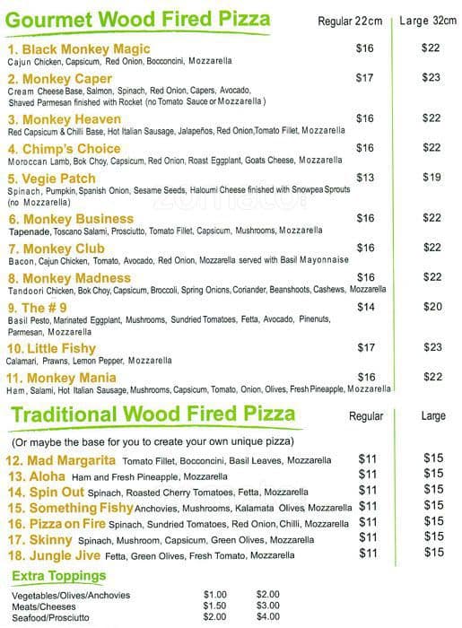 Mad Monkey Woodfired Pizzas a Perth: Foto del Menu con Prezzi ...