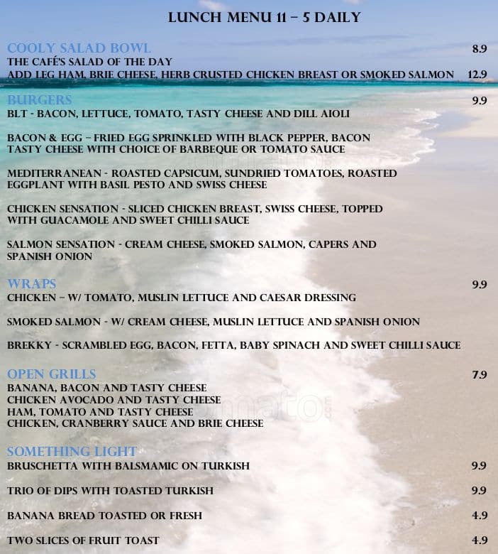Menu at Ocean Art Cafe & Gallery, Coolangatta