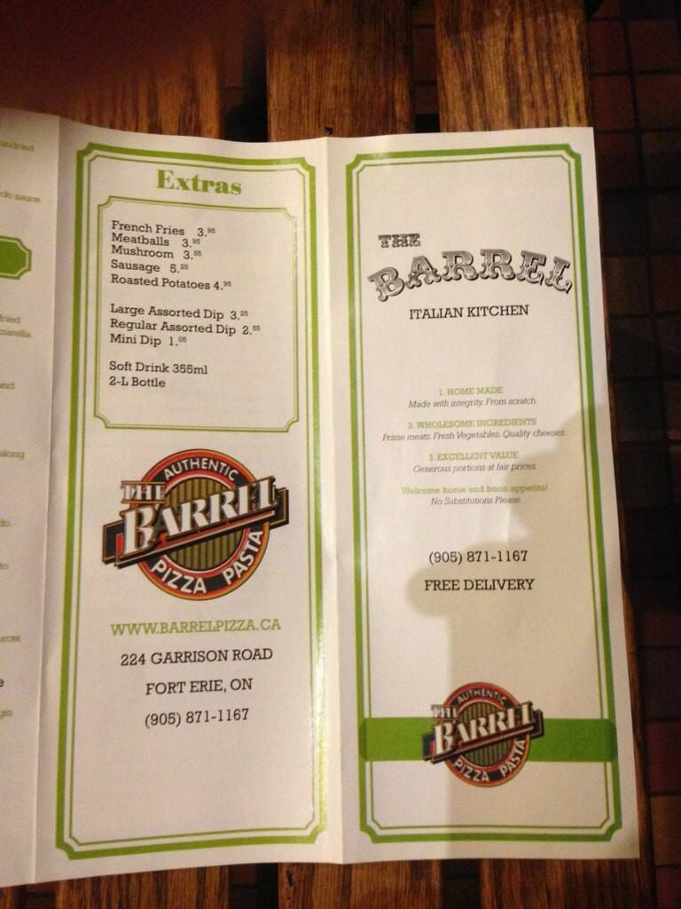 Menu at The Barrel Restaurant, Fort Erie, 224 Garrison Rd