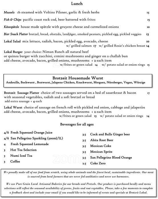 Menu at Brotzeit Lokal restaurant, Oakland