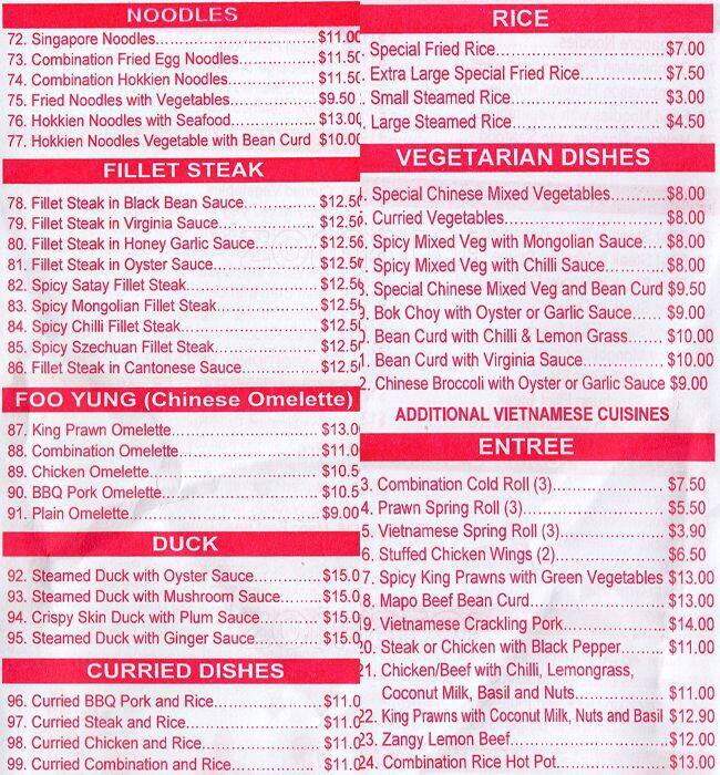 Menu at Virginia Restaurant, Adelaide