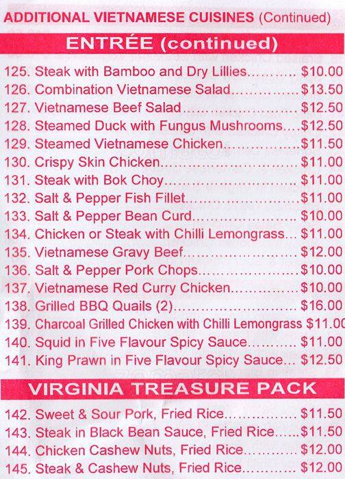 Menu at Virginia Restaurant, Adelaide