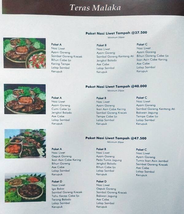 Menu at Teras Malaka restaurant, Jakarta