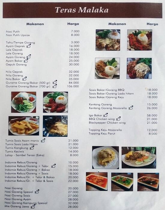 Menu at Teras Malaka restaurant, Jakarta