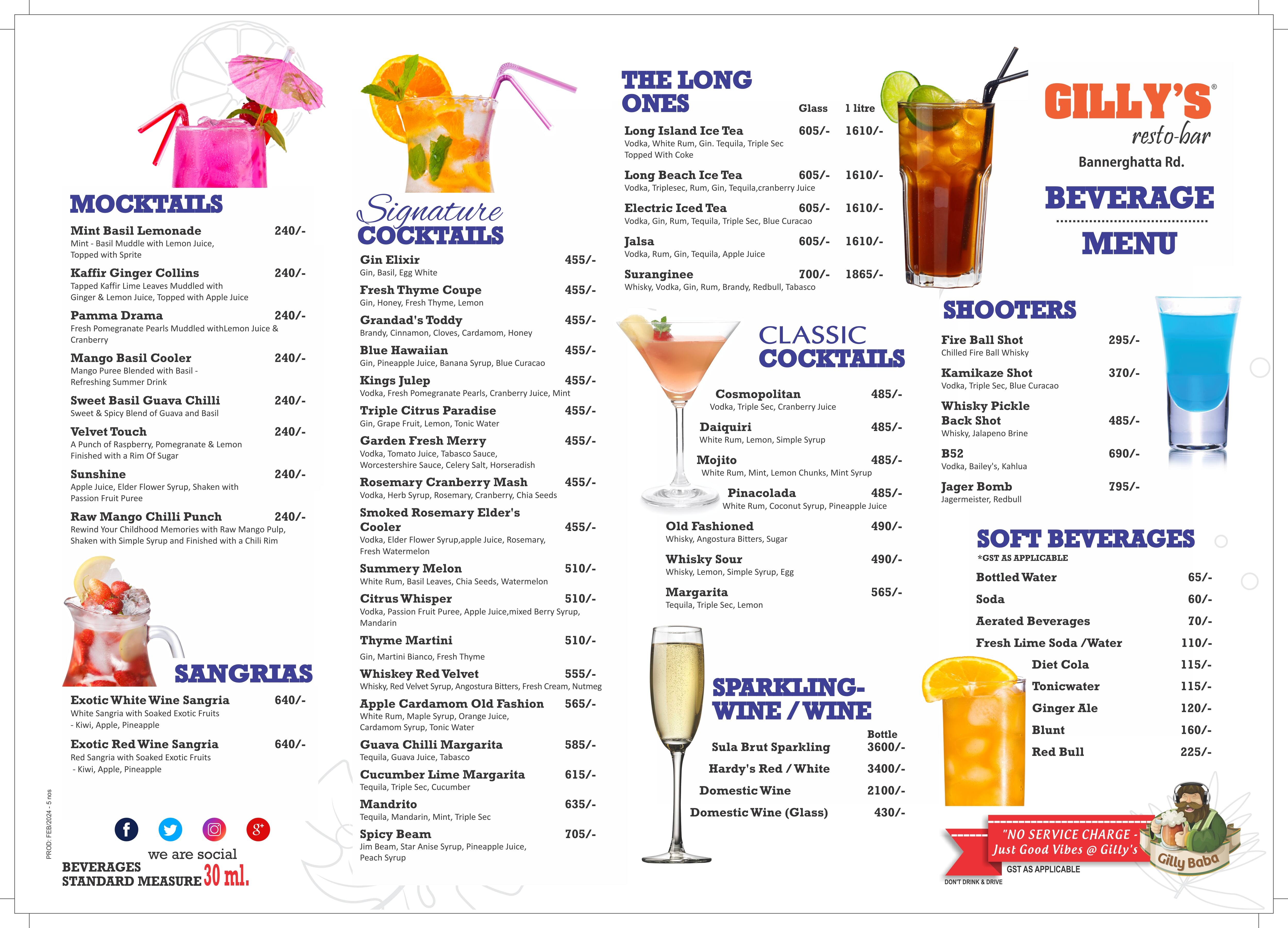 Menu of Gilly's Restobar, Bannerghatta Road, Bangalore