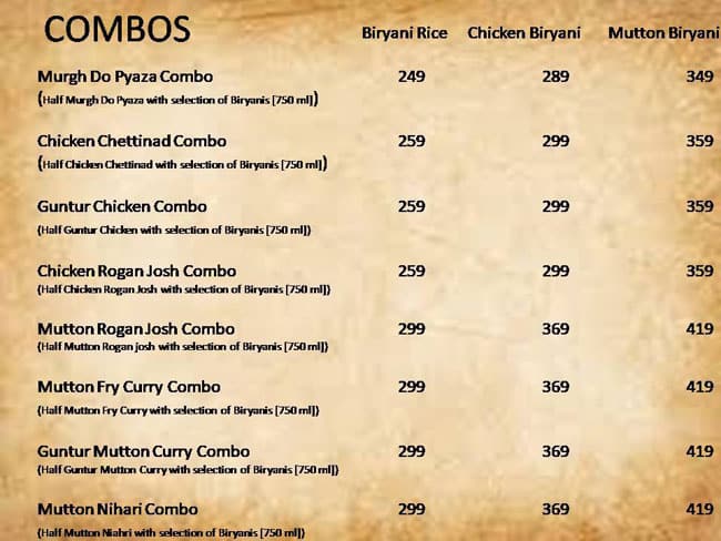 Menu at Hyderabad Biryani Station, Bengaluru