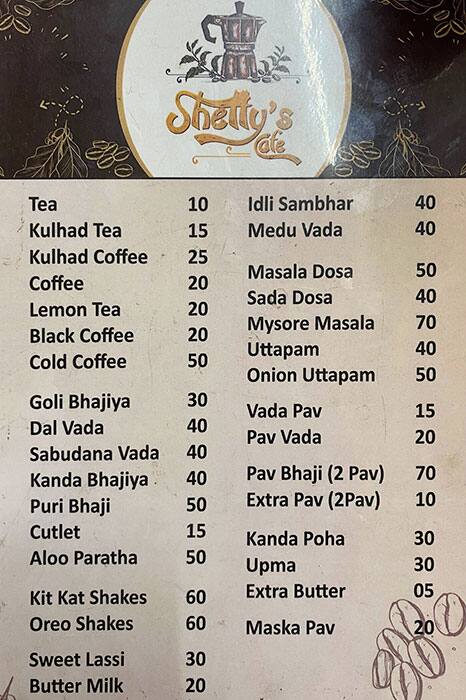Menu of Shetty’s Cafe, Mira Road, Mumbai