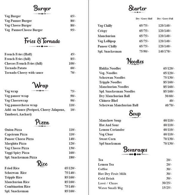 Menu of SnacksMan, Kopar Khairane, Navi Mumbai