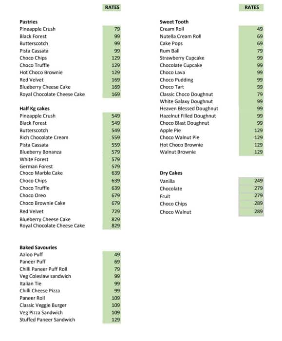 Menu of L'amore Bakery, Sector 6, Noida
