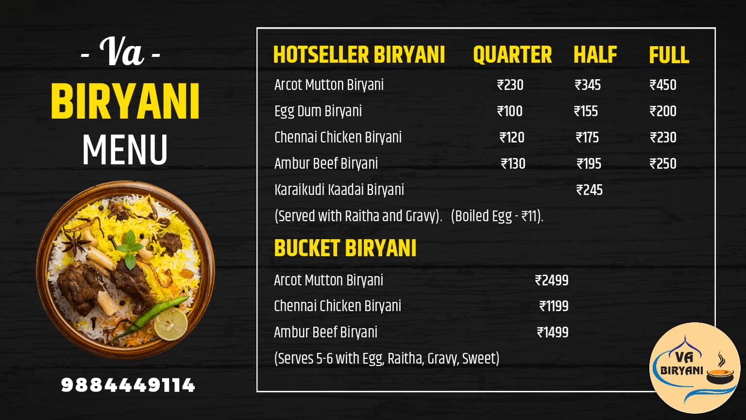 Menu of Va Biryani, Kolathur, Chennai